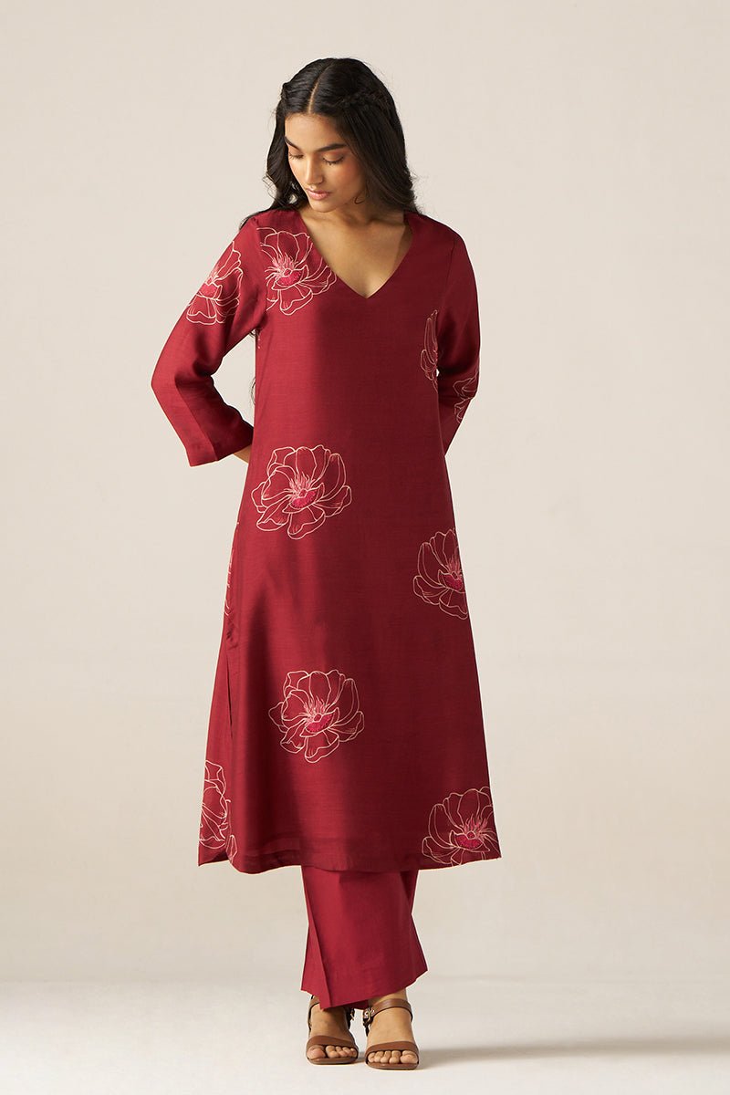 Tibetan Red Flower Print Co-ord Set - Ganga Fashions