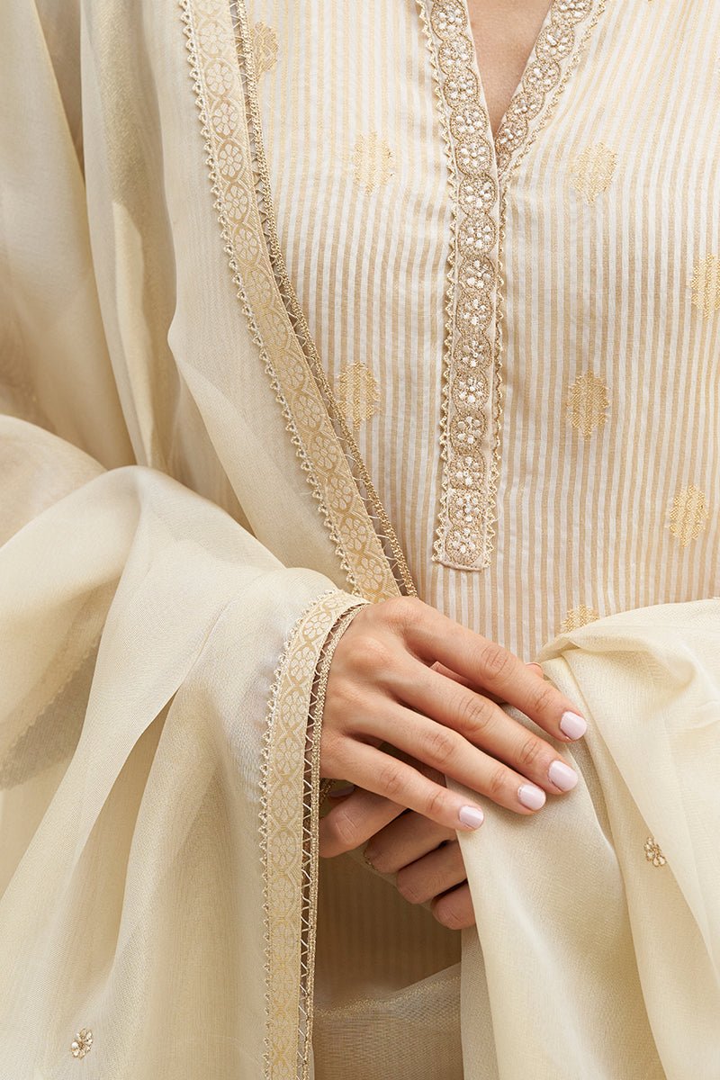 Angora Beige and Golden Organza Jacquard Kurta Set - Ganga Fashions