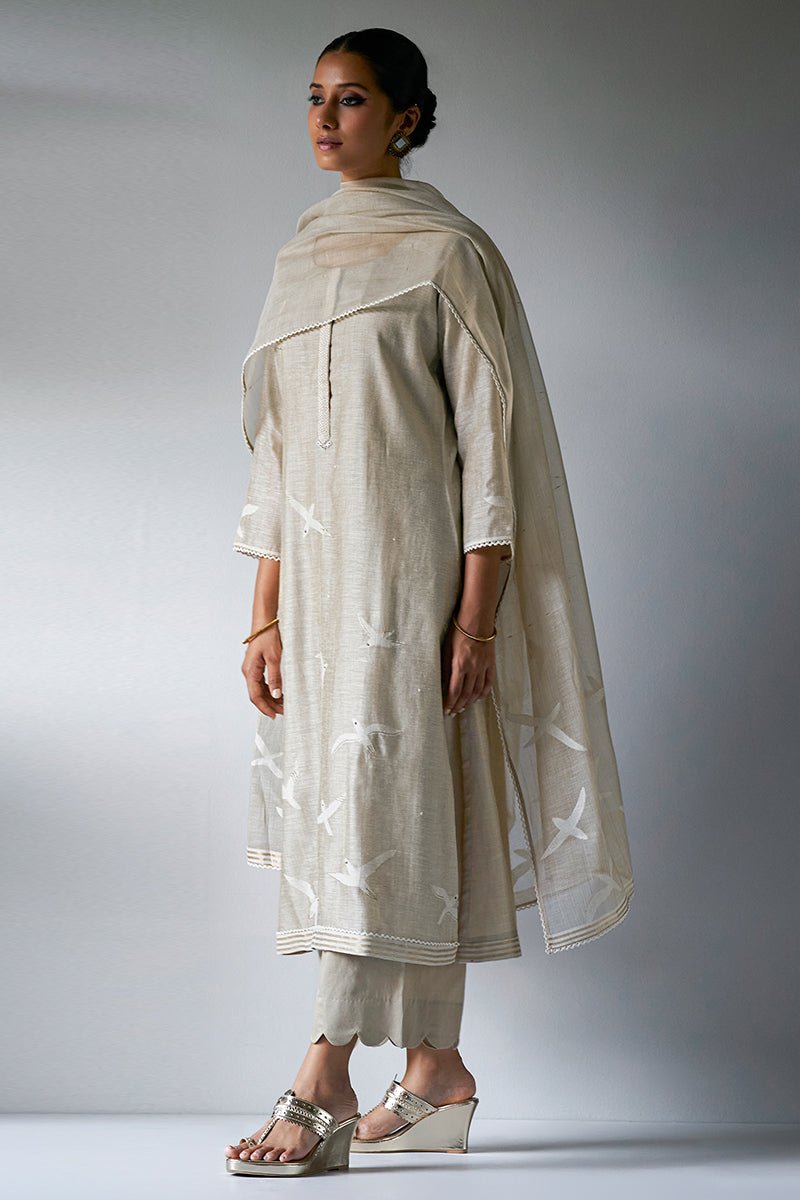Fog Beige Woven Kurta Suit Set With Embroidery and Hand Work Detailing ...